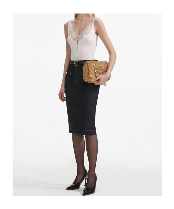 SELF-PORTRAIT Belted Waist Denim Midi Skirt
