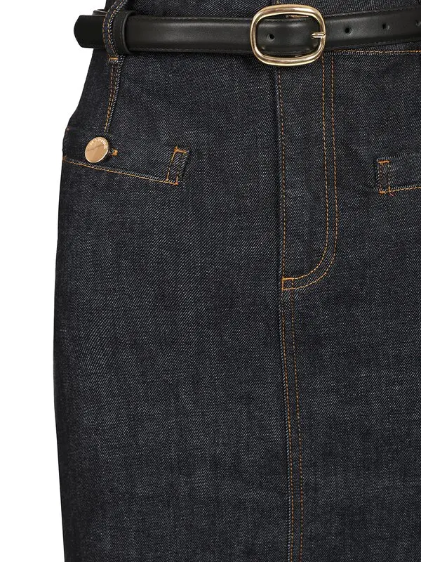 SELF-PORTRAIT Belted Waist Denim Midi Skirt