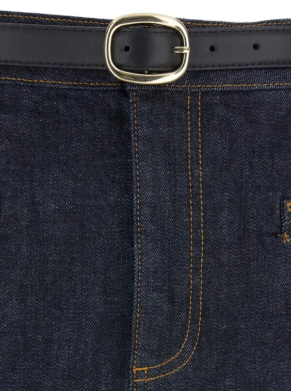 SELF-PORTRAIT Belted Waist Denim Midi Skirt