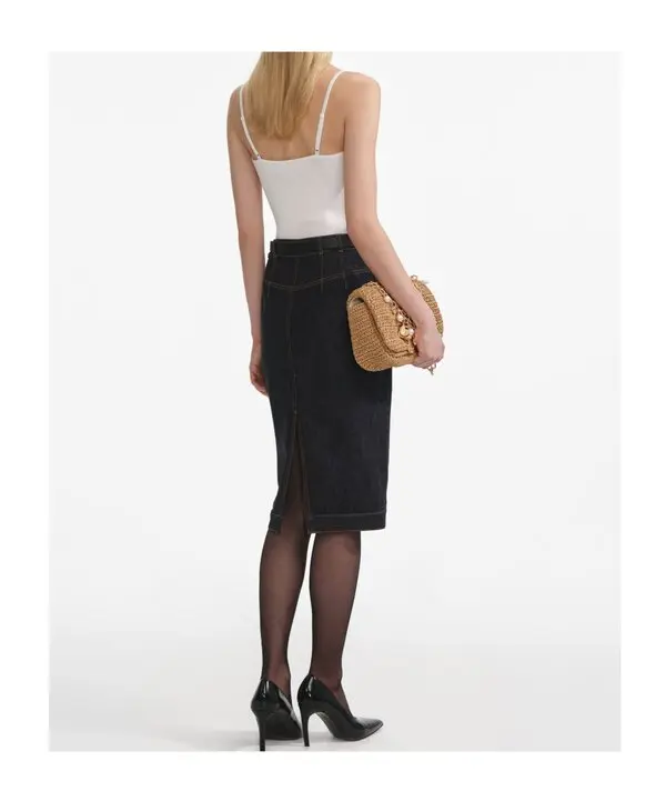 SELF-PORTRAIT Belted Waist Denim Midi Skirt