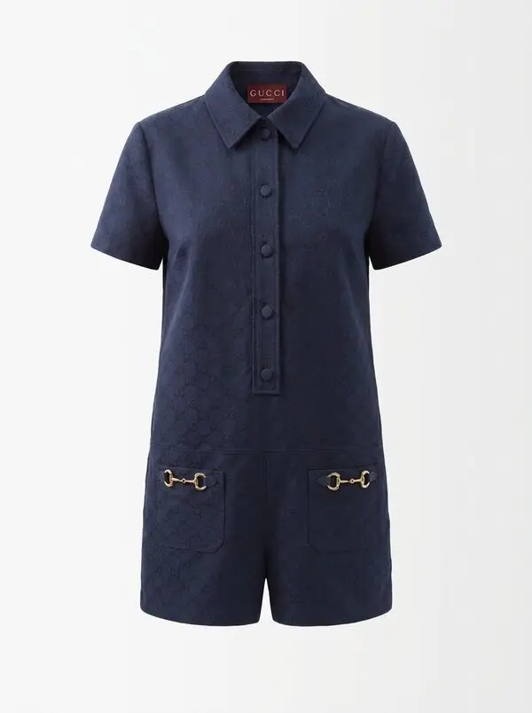 Gucci Gg Monogram Short Sleeve Jumpsuit - Dark Blue