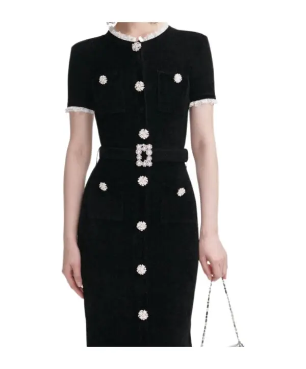 SELF-PORTRAIT Embellished Button Dress With Lace Detailing And Removable Belt