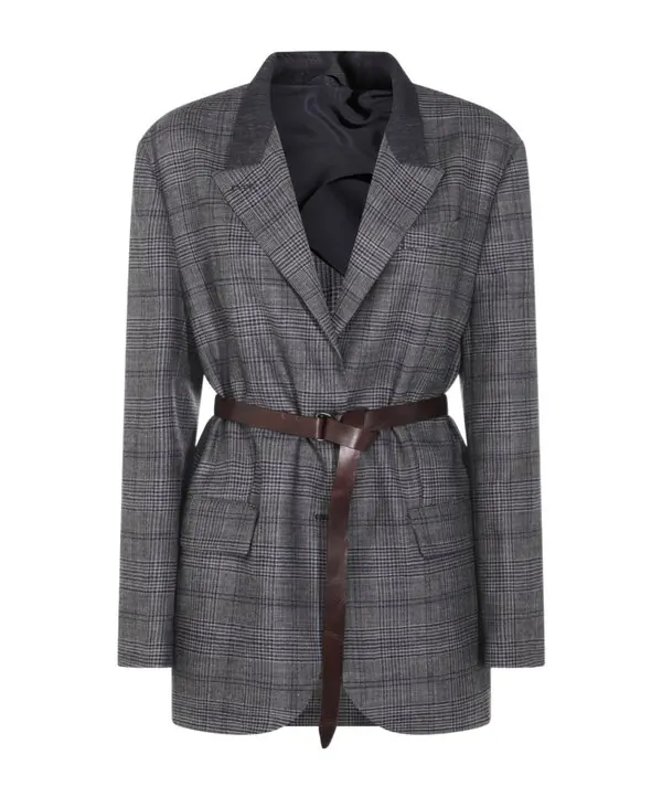 Brunello Cucinelli Single-breasted Belted Blazer With Checked Pattern
