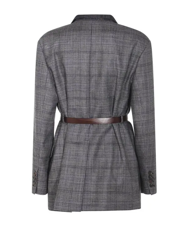 Brunello Cucinelli Single-breasted Belted Blazer With Checked Pattern