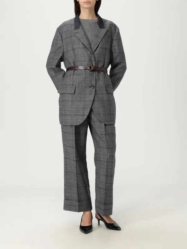 Brunello Cucinelli Single-breasted Belted Blazer With Checked Pattern