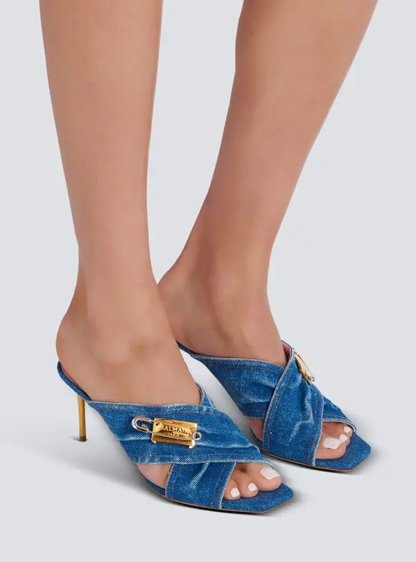 Balmain Denim Mules With Safety Pin Detail