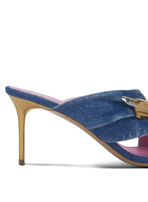 Balmain Denim Mules With Safety Pin Detail