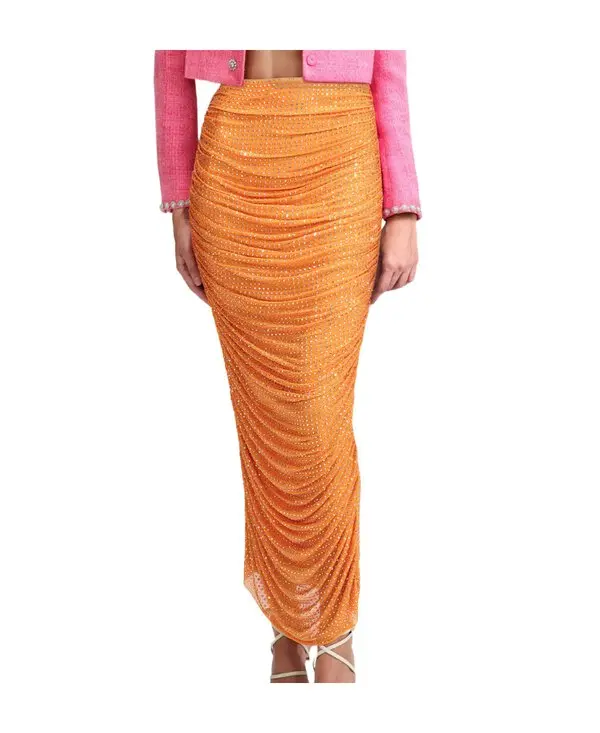 SELF-PORTRAIT High-waist Embellished Ruched Midi Skirt - Brown