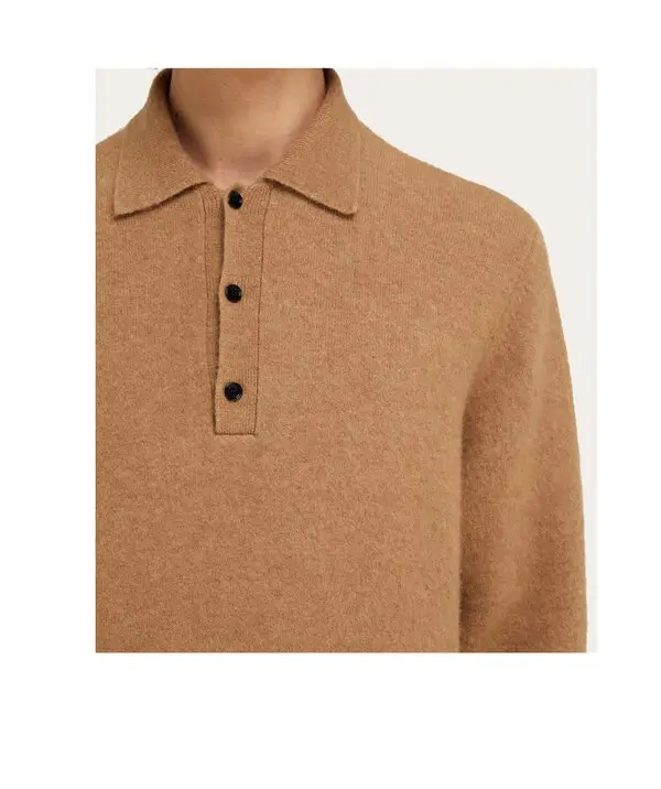 FERRAGAMO Button Detailed Knitted Polo Shirt - Camel