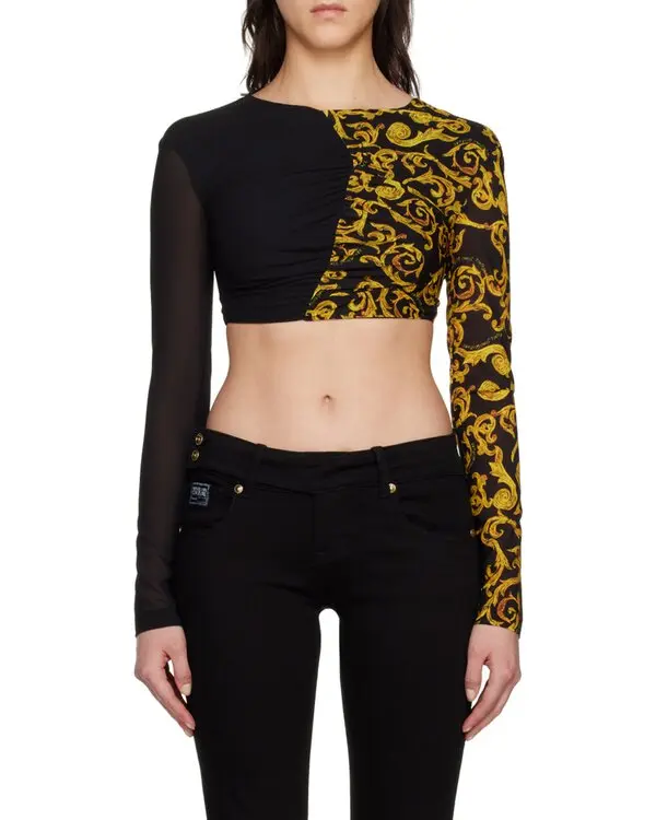 Versace And Gold Baroque Print Spliced Cropped T-shirt