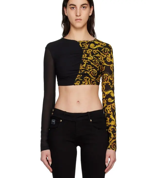 Versace And Gold Baroque Print Spliced Cropped T-shirt