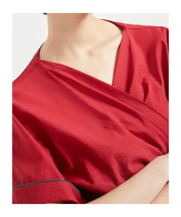 Brunello Cucinelli Kimono-style Poplin Top With Shiny Trim