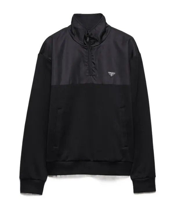 Prada Cotton Fleece Half-zipper Sweatshirt With Re-nylon Details - Black/black