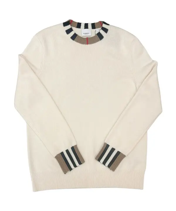 Burberry Round Neck Long Sleeve Sweater With Ribbed Trim - White