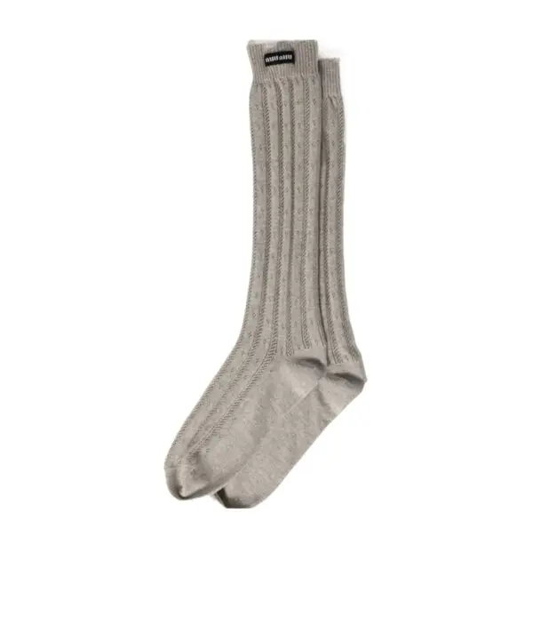 Miu Miu Ribbed Logo Patch Socks - Gray