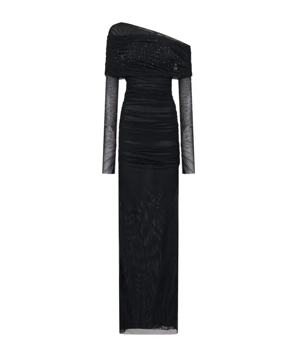 Amen Rhinestone Tulle Sleeve Maxi Dress - Black