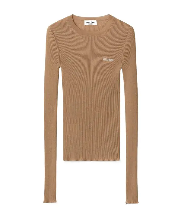Miu Miu Ribbed Cashmere And Silk Sweater - Brown
