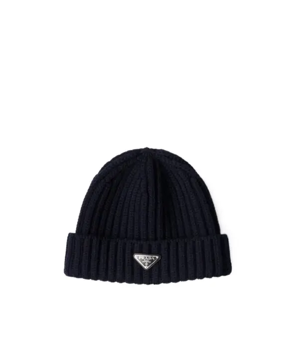 Prada Ribbed Logo Beanie - Navy Blue