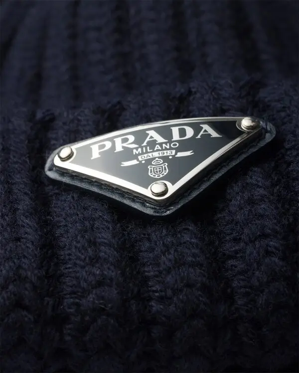 Prada Ribbed Logo Beanie - Navy Blue