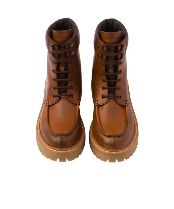 Prada Logo Detailed Round Toe Lace Up Ankle Boots