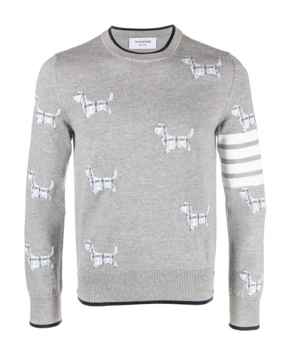 Thom Browne 4-bar" Striped Dog Appliqué Knit Jumper - Light Gray