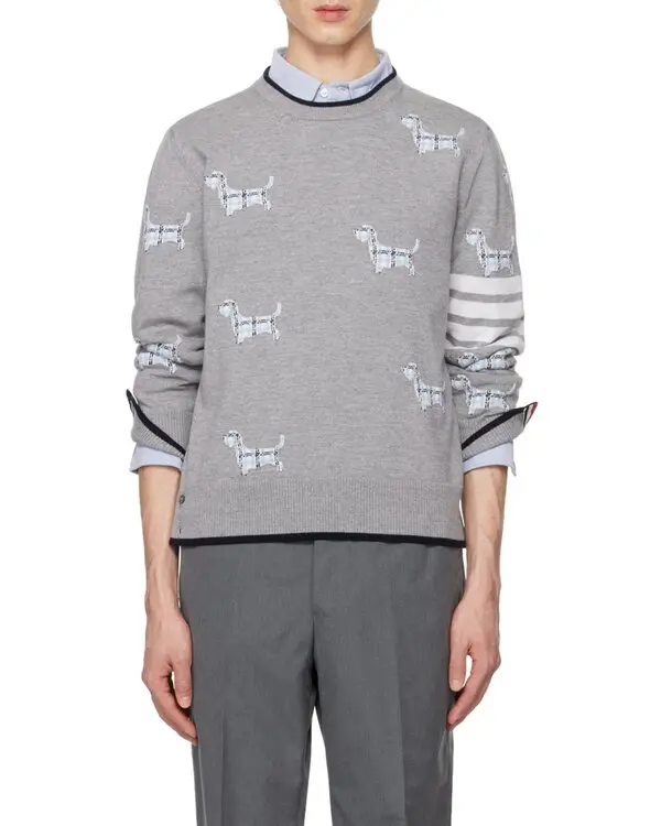 Thom Browne 4-bar" Striped Dog Appliqué Knit Jumper - Light Gray