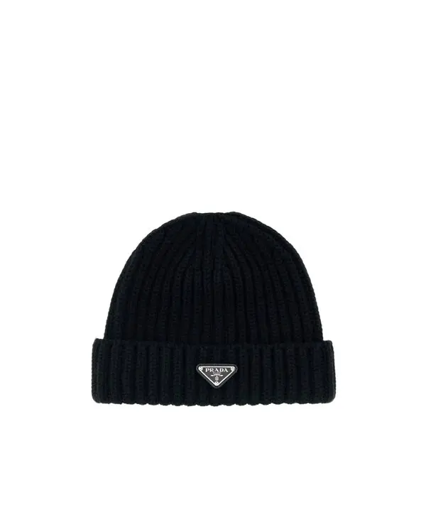 Prada Logo Patch Ribbed Knit Beanie - Black