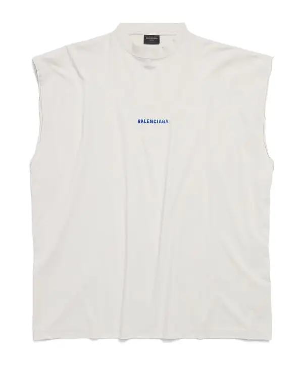 Balenciaga Logo Embroidered Sleeveless T-shirt - Dirty White And Blue