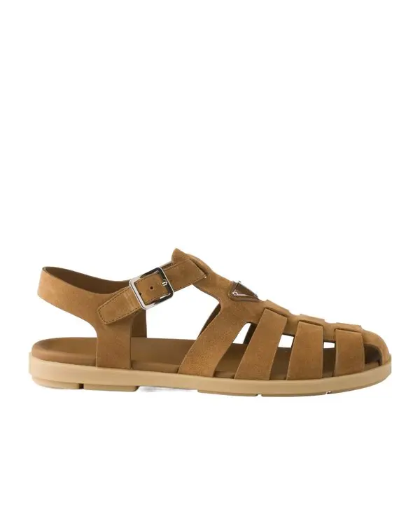 Prada Suede Fisherman Sandals With Enamelled Triangle Logo - Cinnamon