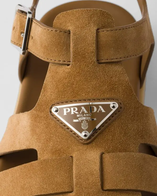 Prada Suede Fisherman Sandals With Enamelled Triangle Logo - Cinnamon