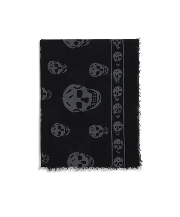 Alexander McQueen Classic Skull Printed Frayed-edeg Scarf - Black