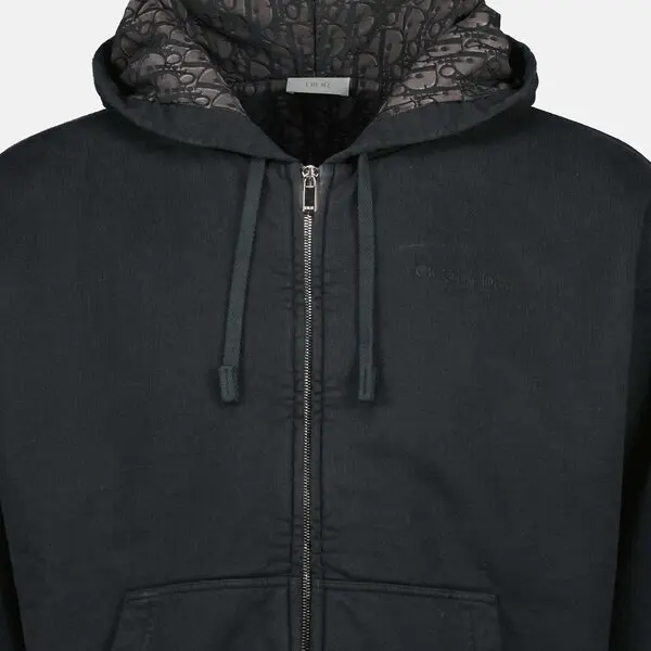 Dior Zip-up Drawstring Hoodie With Tonal Oblique Print - Dark Gray