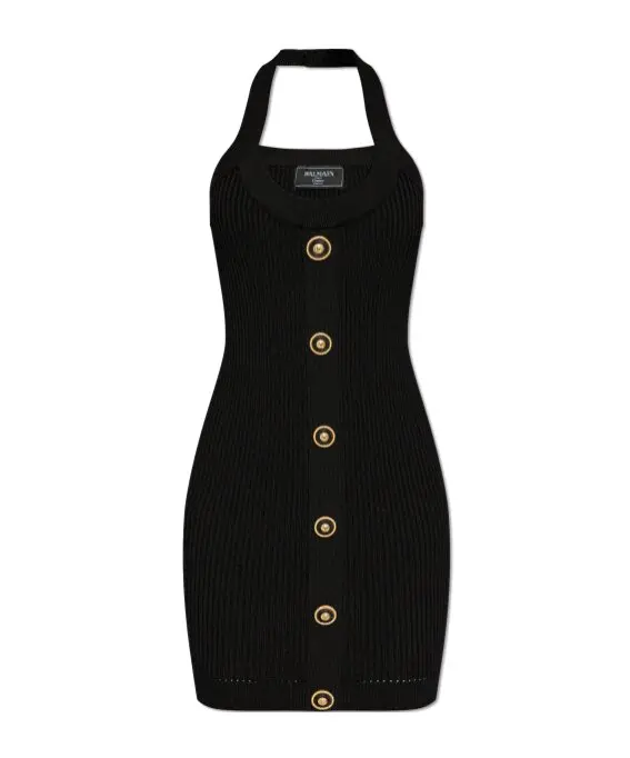 Balmain Halterneck Ribbed Knit Mini Dress - Black