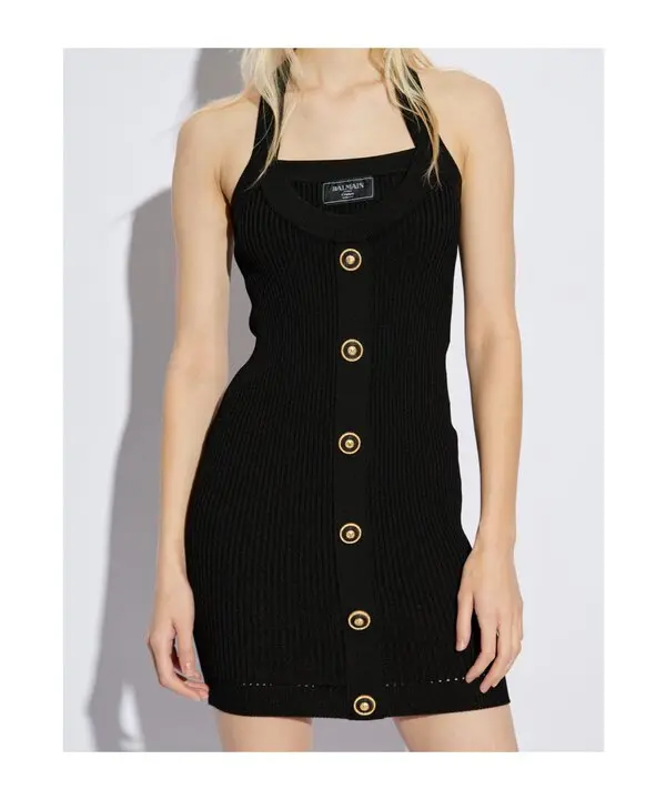 Balmain Halterneck Ribbed Knit Mini Dress - Black