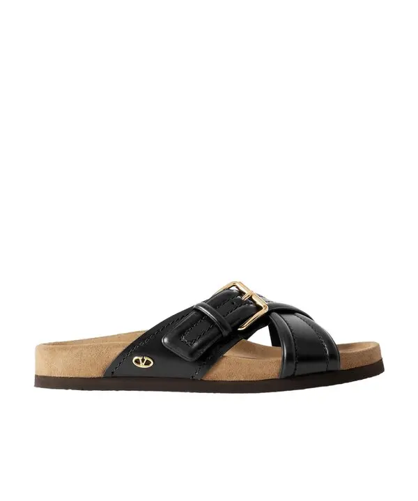 Valentino Garavani Vlogo Plaque Leather Slides - Black