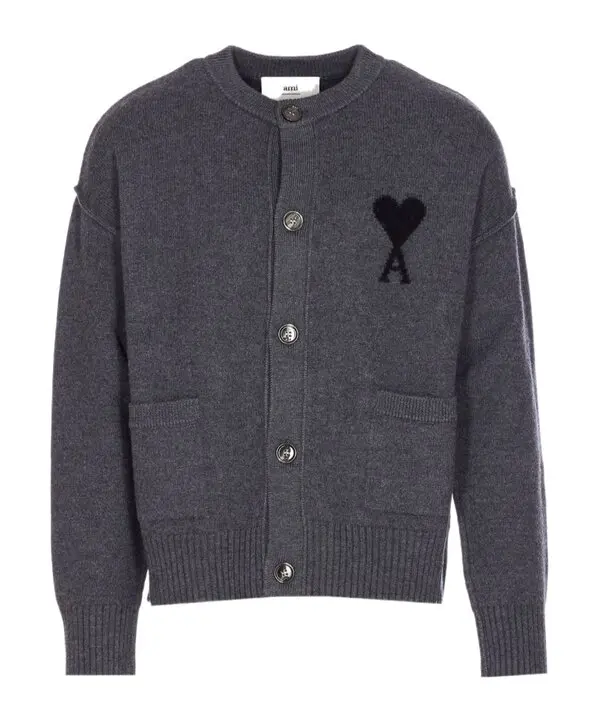 AMI Paris Crewneck Buttoned Cardigan With Embroidered De Coeur Logo - Black