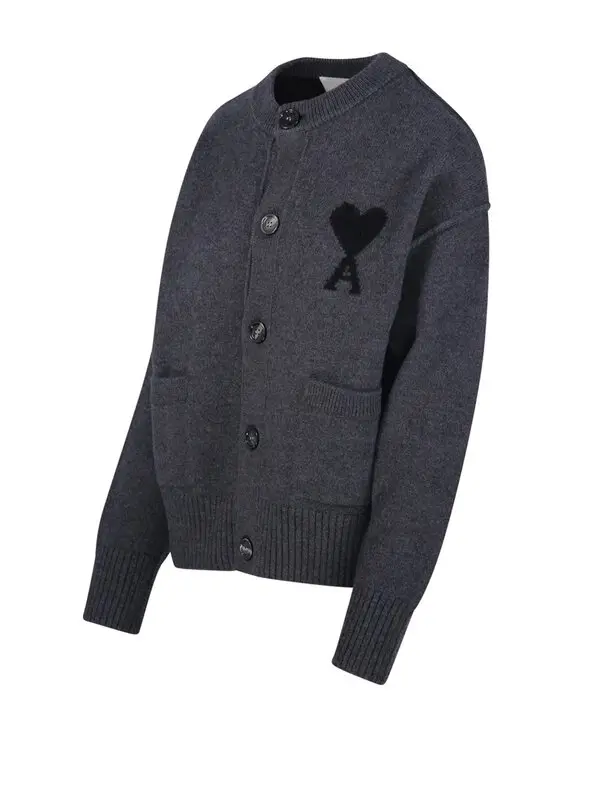 AMI Paris Crewneck Buttoned Cardigan With Embroidered De Coeur Logo