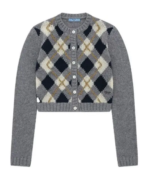 Prada Argyle Crewneck Cardigan - Grey