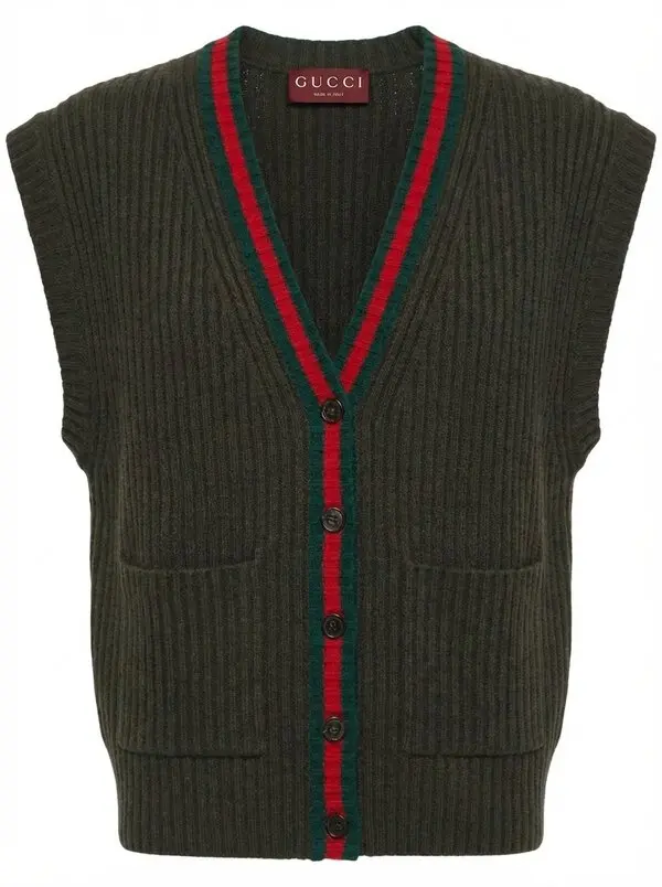 Gucci Web Detailed Ribbed Cardigan Vest