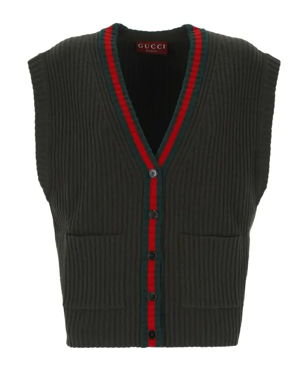 Gucci Web Detailed Ribbed Cardigan Vest
