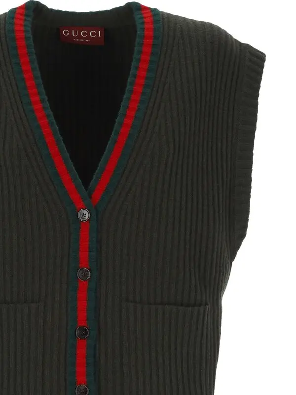 Gucci Web Detailed Ribbed Cardigan Vest
