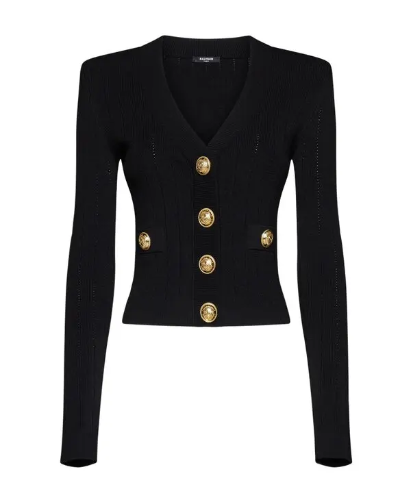 Balmain Embellished Ribbed Cardigan - Black