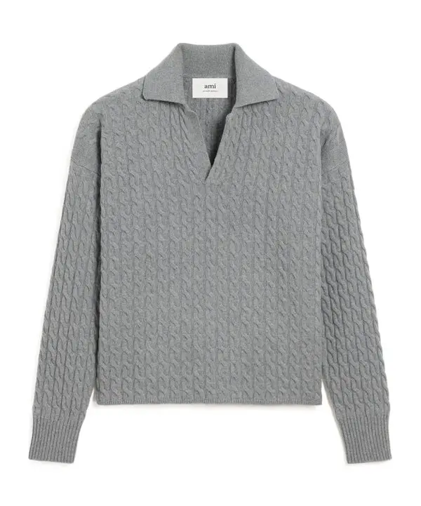 AMI Paris Cable Knit Wool And Cashmere Polo - Grey