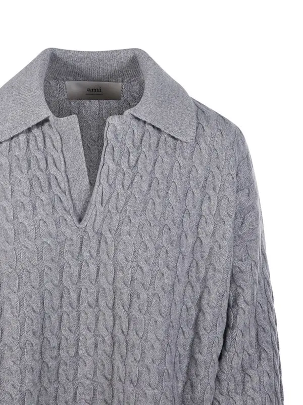 AMI Paris Cable Knit Wool And Cashmere Polo