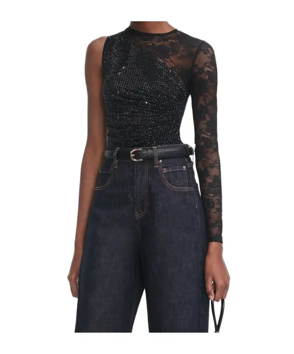 SELF-PORTRAIT Asymmetrical Lace Top - Black
