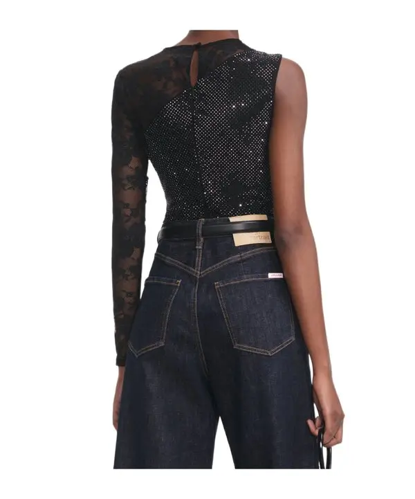 SELF-PORTRAIT Asymmetrical Lace Top - Black
