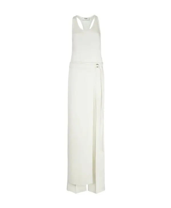 Fendi Sleeveless Satin Jumpsuit With Logo Ribbon - White