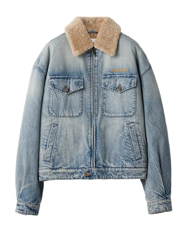 Miu Miu Denim And Shearling Trucker Jacket - Light Blue