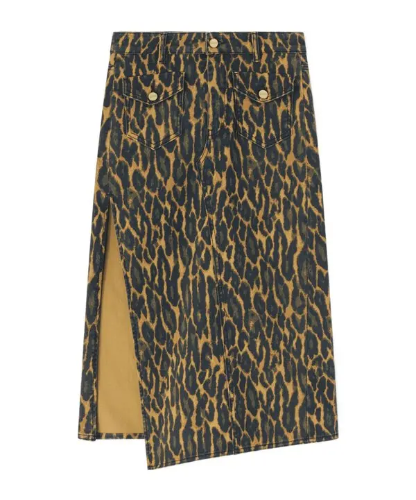 GANNI Leopard Print Denim Midi Skirt - Khaki