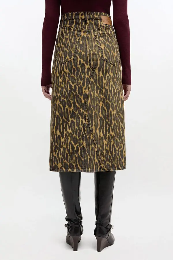 GANNI Leopard Print Denim Midi Skirt - Khaki